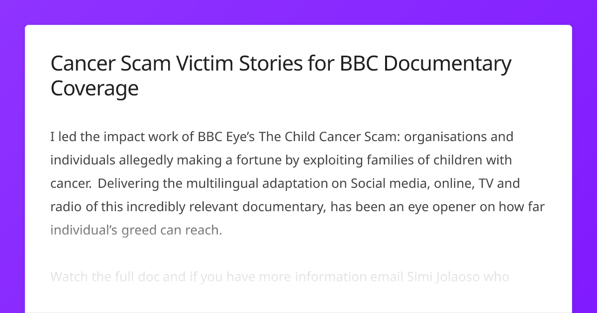 Cancer Scam Victim Stories for BBC Documentary Coverage | Journo Request