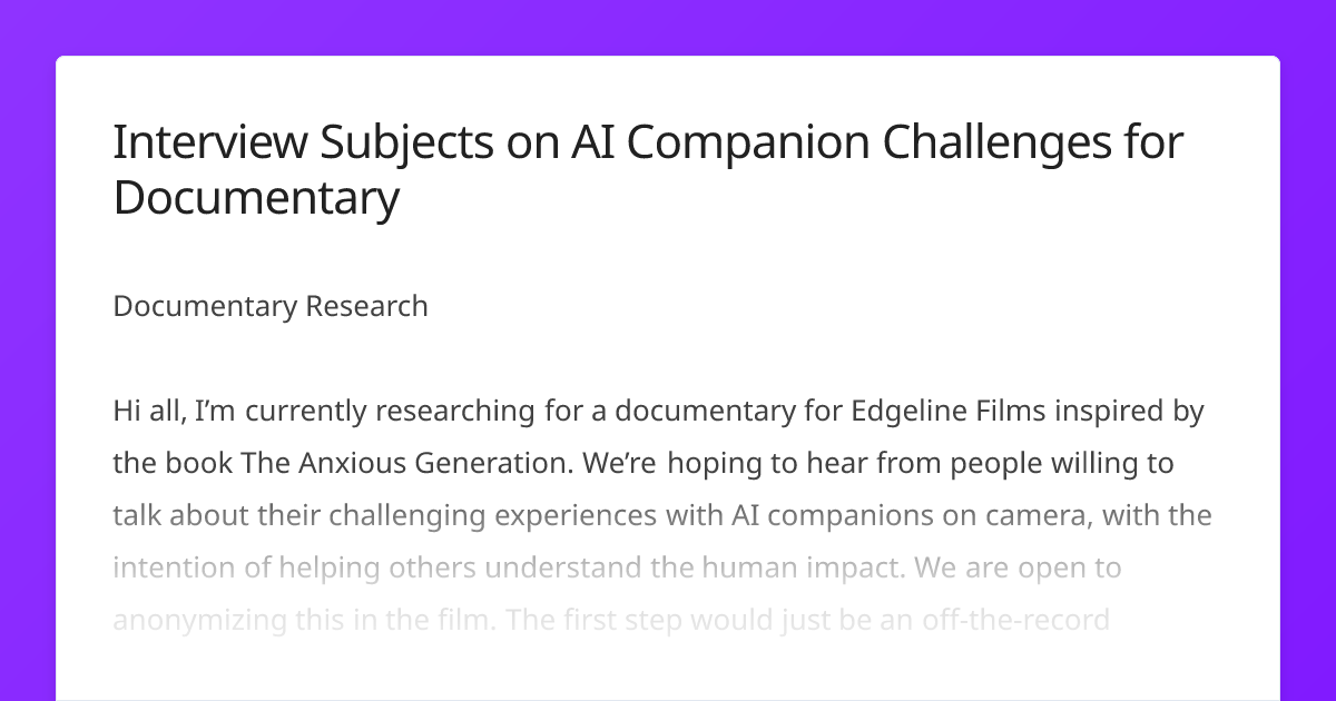 Interview Subjects on AI Companion Challenges for Documentary | Journo ...