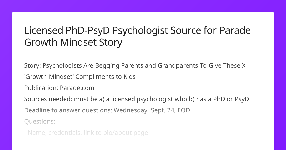Licensed PhD-PsyD Psychologist Source for Parade Growth Mindset Story ...