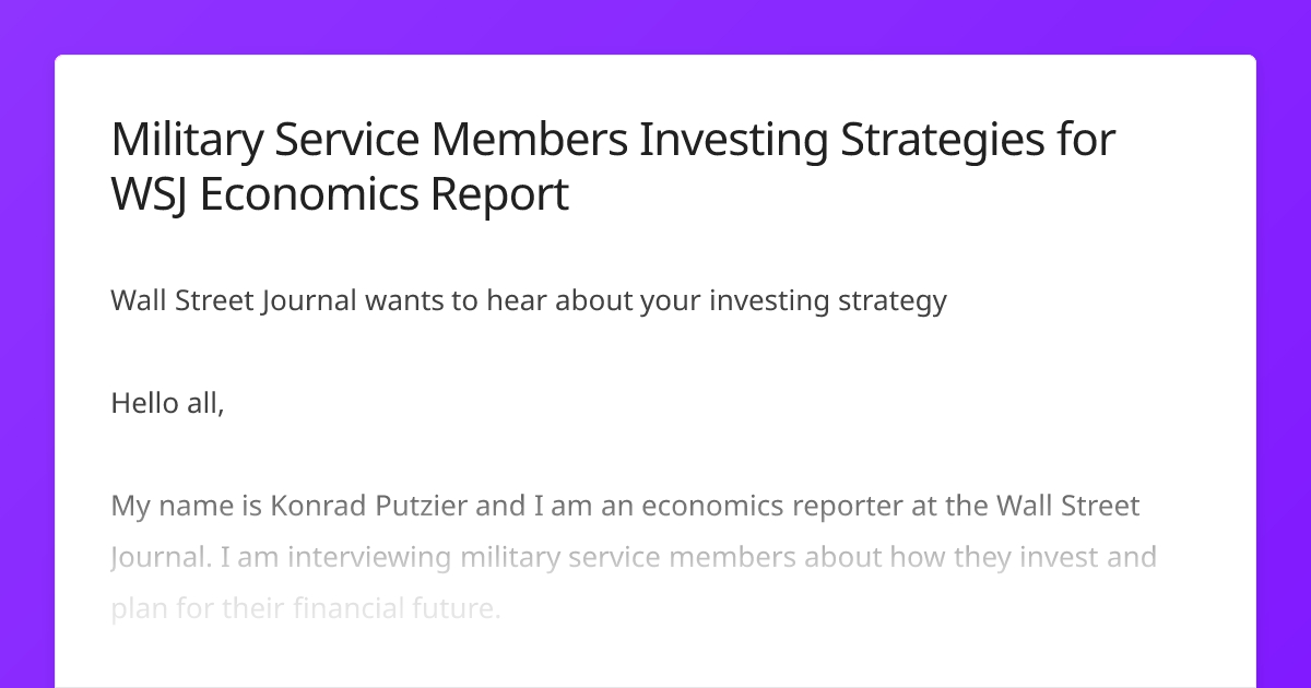 Military Service Members Investing Strategies for WSJ Economics Report ...